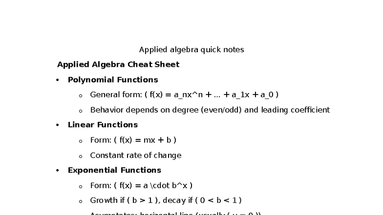 Applied Algebra Quick Notes: Polynomial & Function Types - Studocu