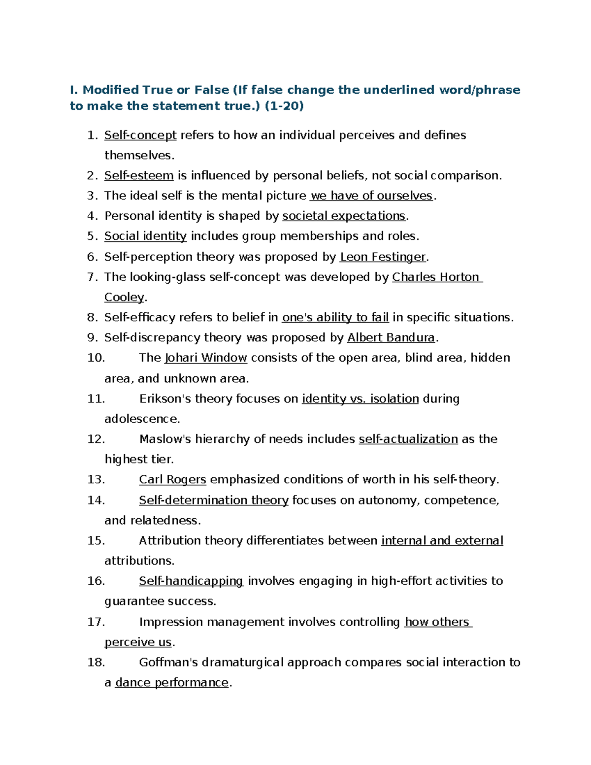 Understanding the Self Quiz (Psych 101) - Studocu