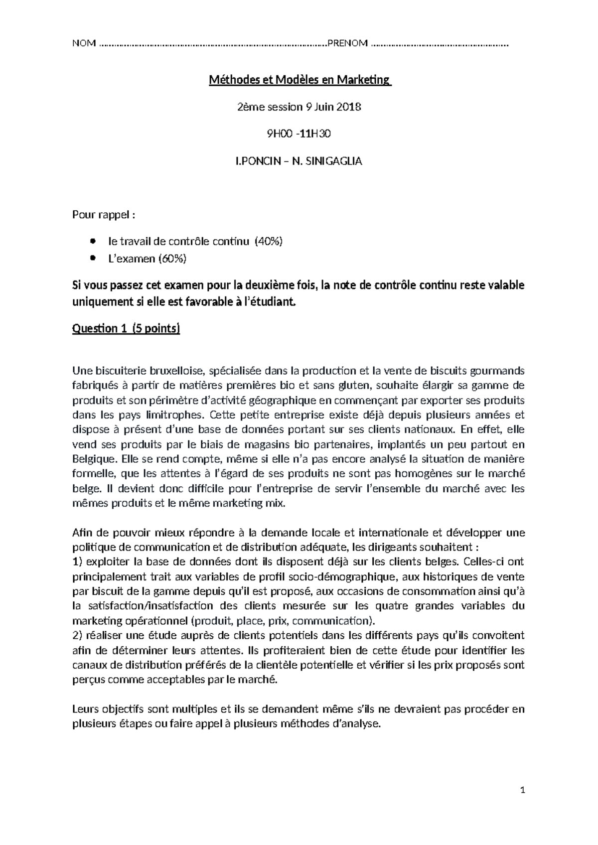 NOM Méthodes et Modèles en Marketing - Examen Final JUIN 2018 - Studocu
