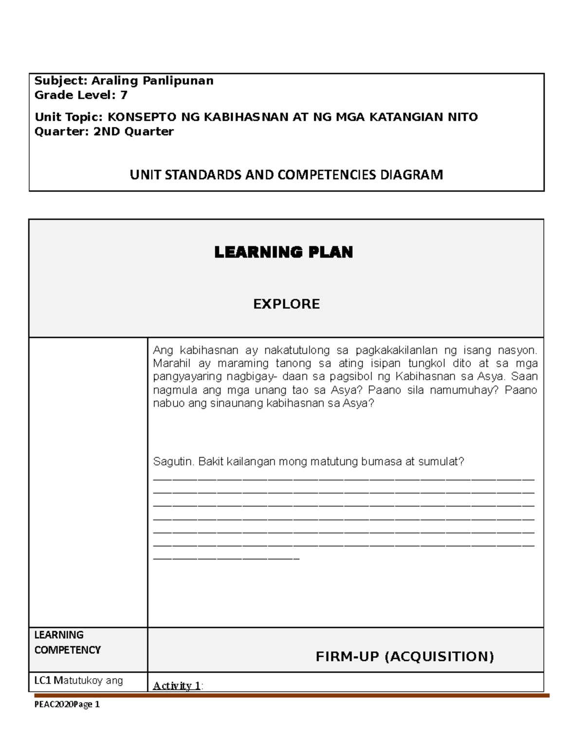 Learning Plan-AP 7 2nd Quarter: Kahalagahan ng Kabihasnan - Studocu