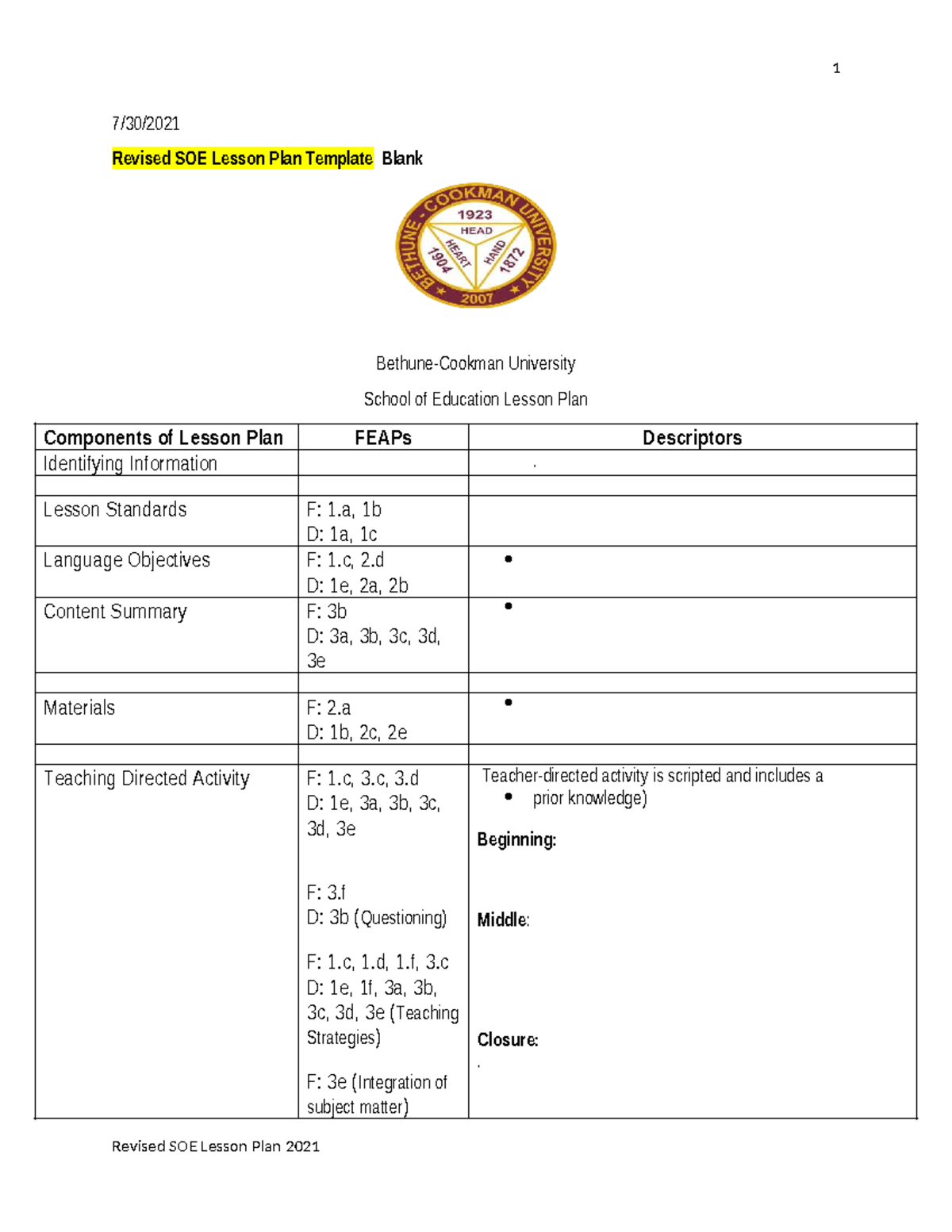 Revised SOE Lesson Plan Template - Components & Standards - Studocu