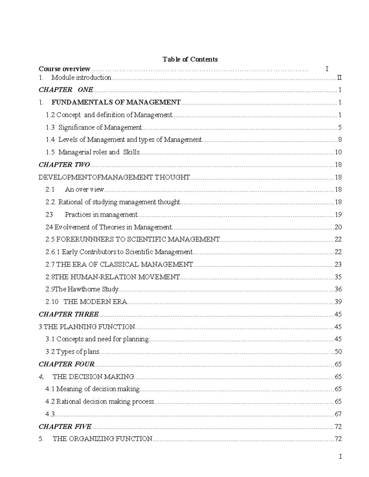 Introduction to Management Module - Table of Contents Course - Studocu