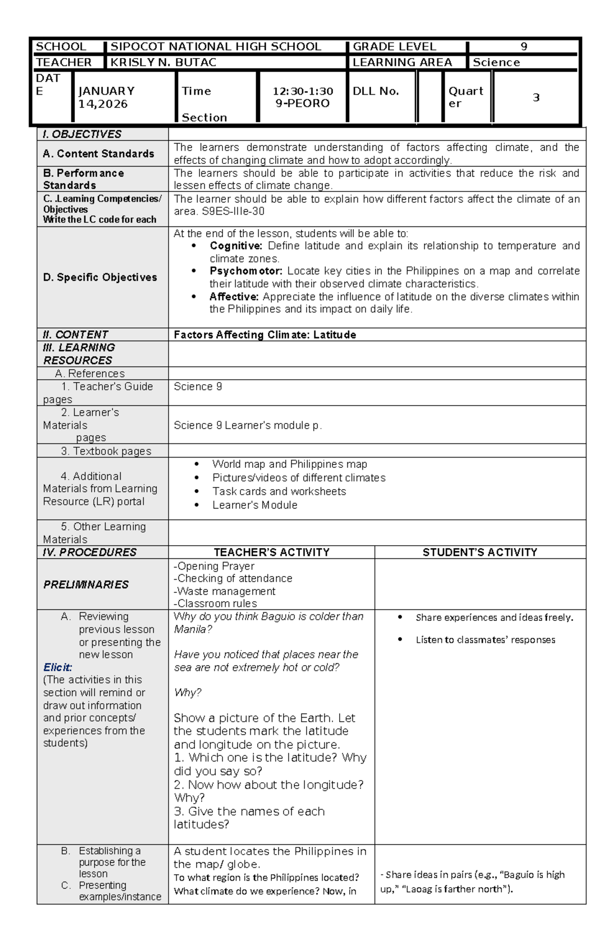 Factors Affecting Climate: Science 9 DLP Q3 by Krisly N. Butac - Studocu