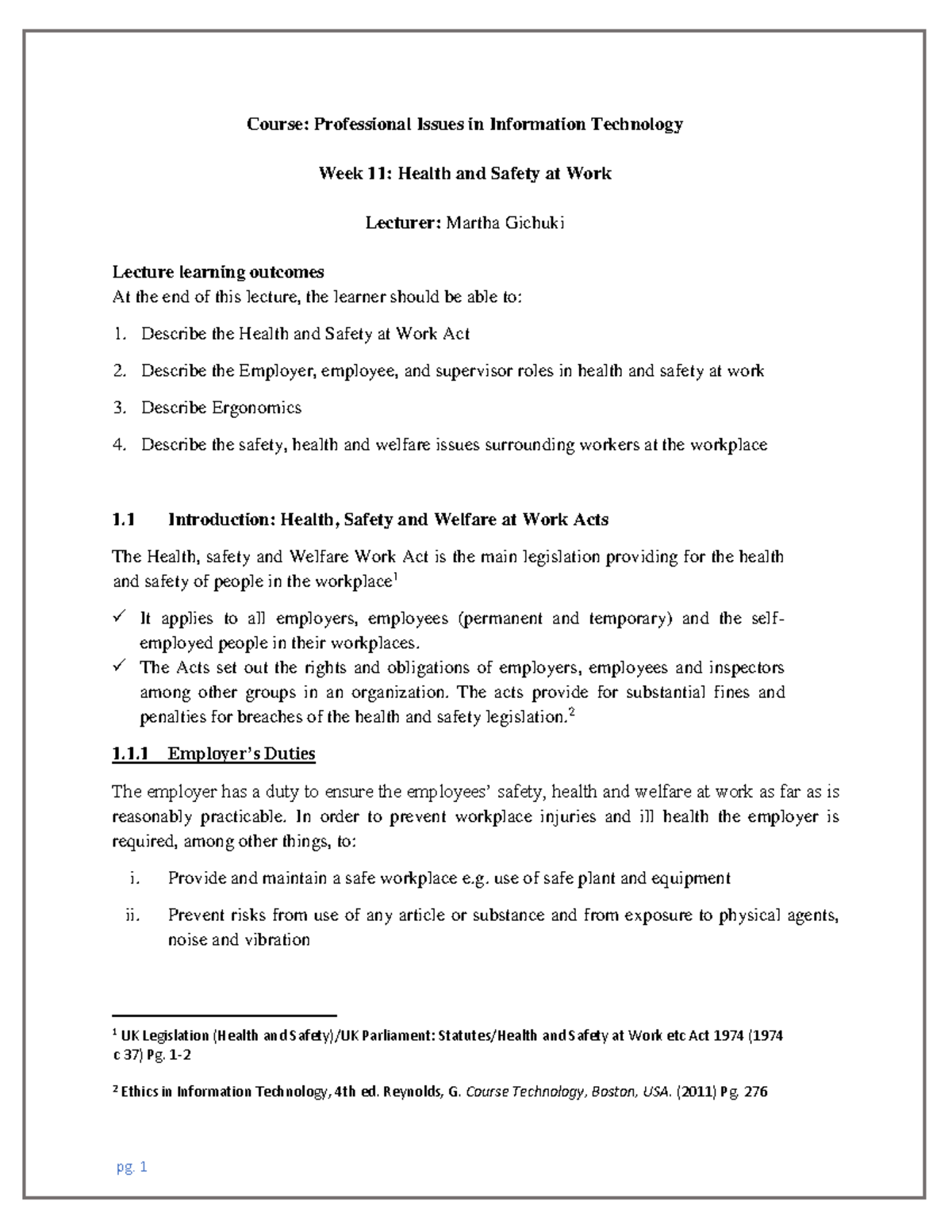 [PIIT] Week 11 - Health and Safety at Work Overview and Key Roles - Studocu