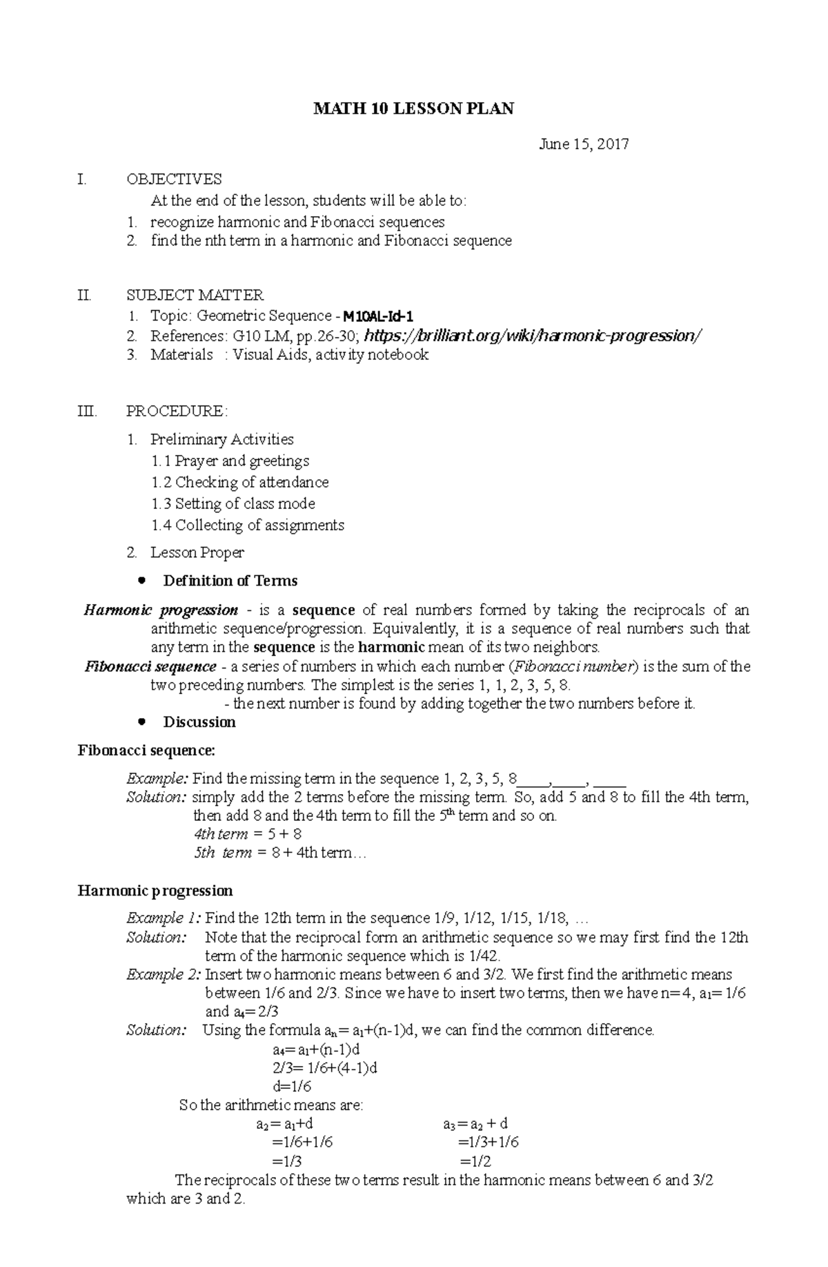 MATH 10 Lesson Plan: Harmonic & Fibonacci Sequences Overview - Studocu