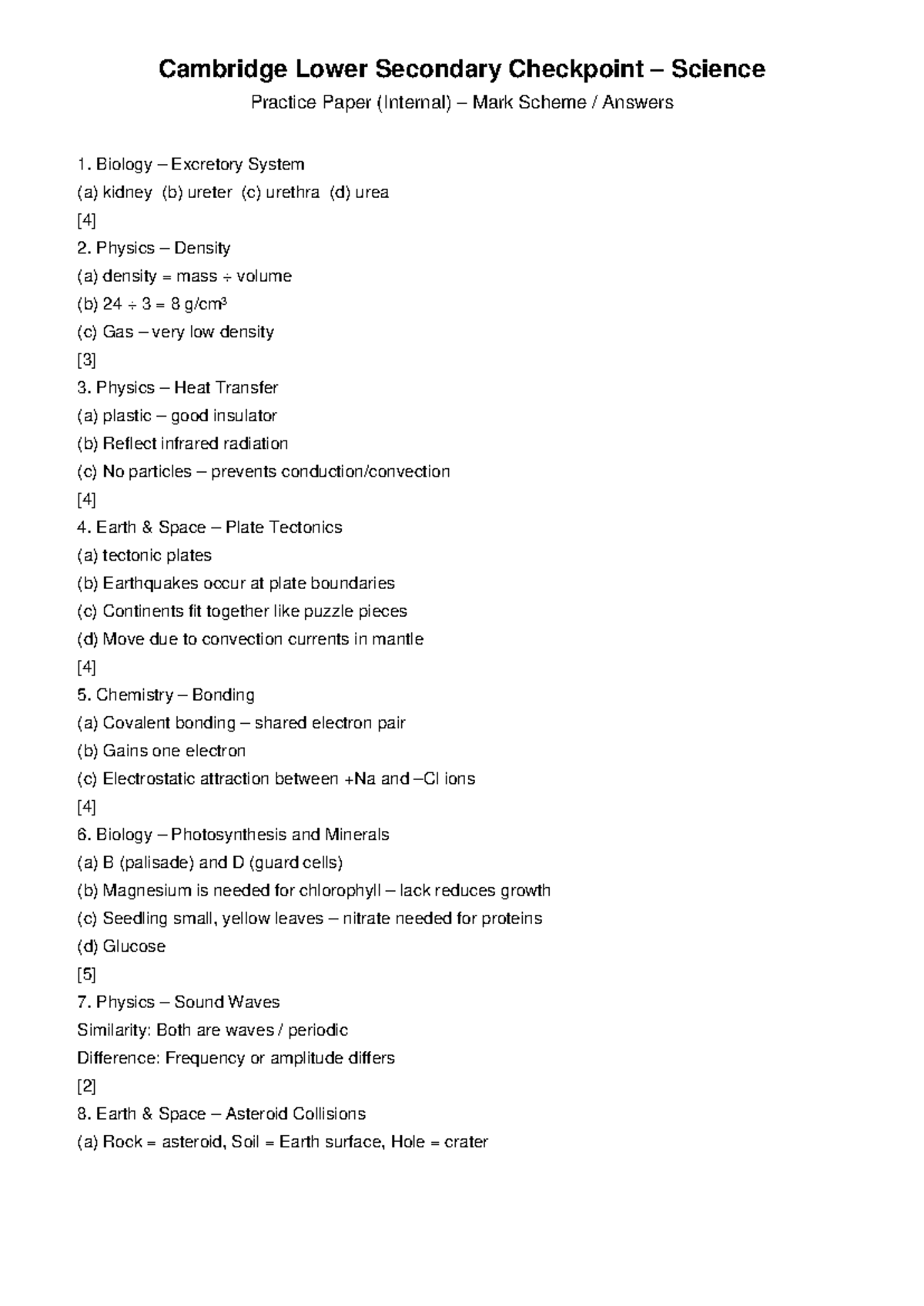 Checkpoint Science Practice Paper Answers (Internal) - Studocu