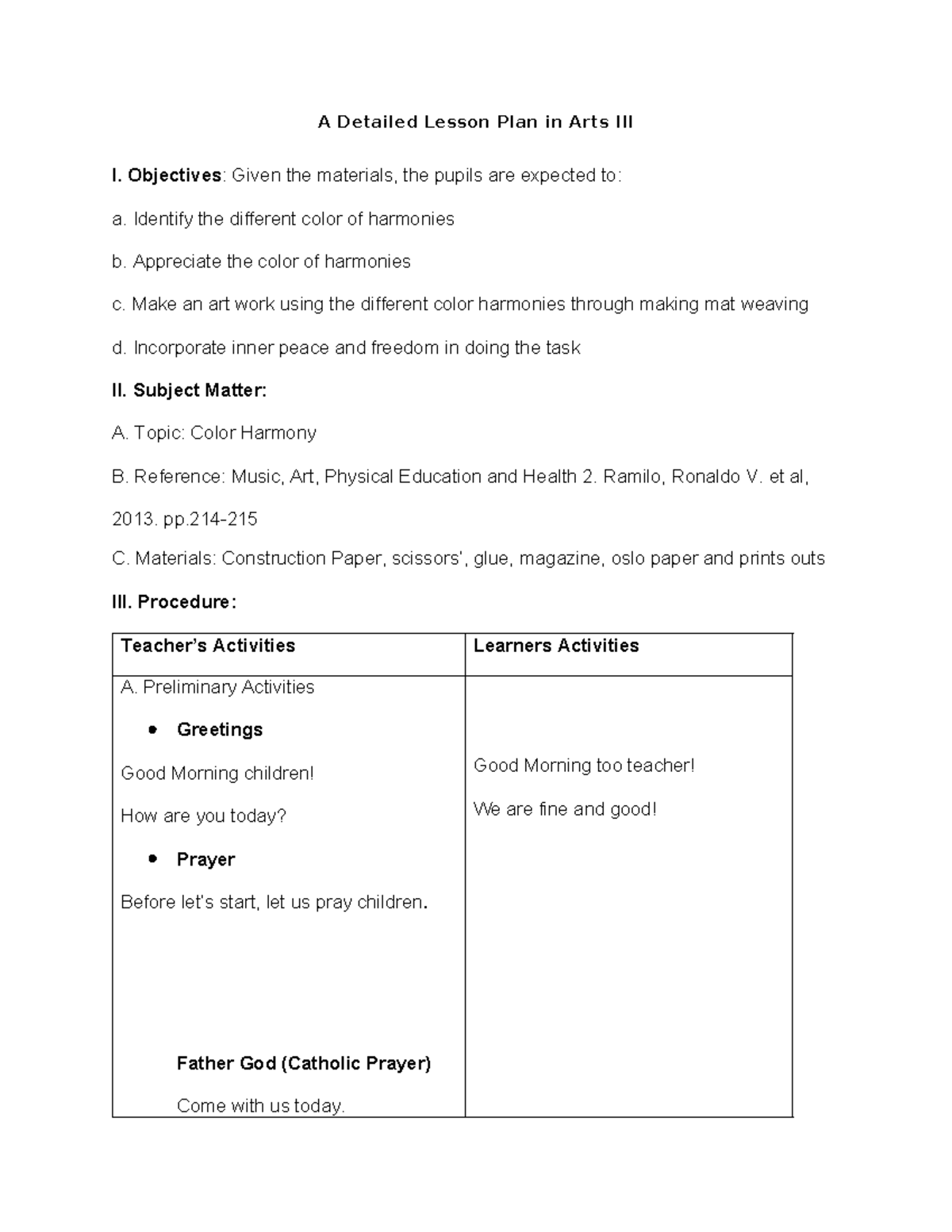 A Detailed Lesson Plan in Arts III - Draft - A Detailed Lesson Plan in ...