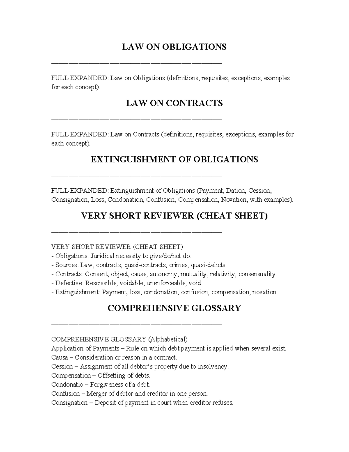 LAW ON OBLIGATIONS & CONTRACTS MASTER REVIEWER FULL EXPANDED - Studocu