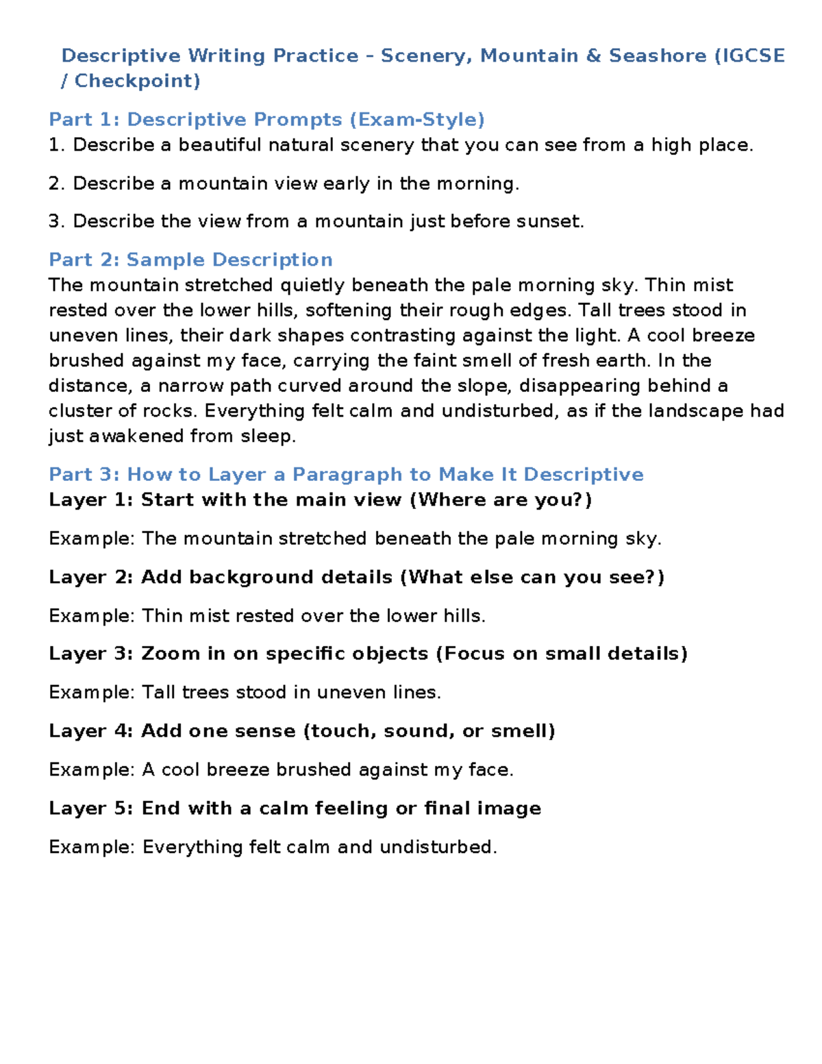 Descriptive Writing Practice: Scenery & Nature (IGCSE Checkpoint) - Studocu
