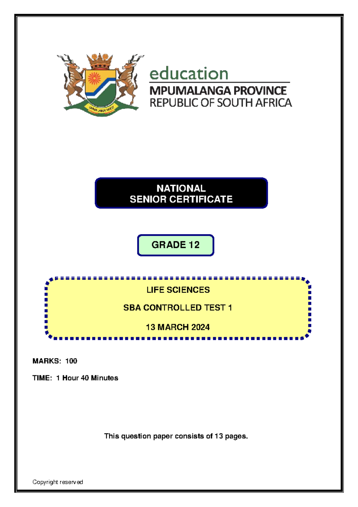 LFSC GR 12 Life Sciences SBA Controlled Test 1 - March 2024 - Studocu