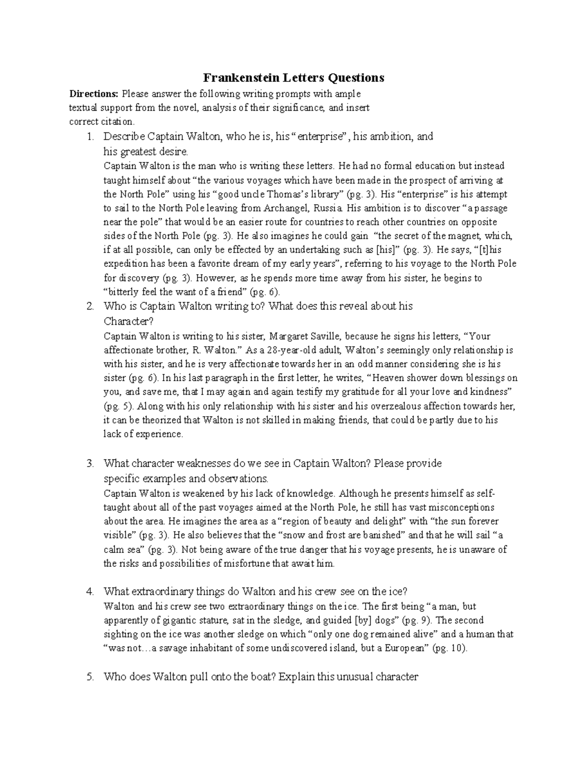 Frankenstein Letters Quiz- Cate Smith - Frankenstein Letters Questions ...