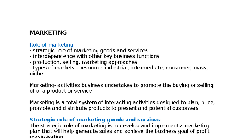 MARKETING Strategic Role of Marketing in Business Functions - Studocu