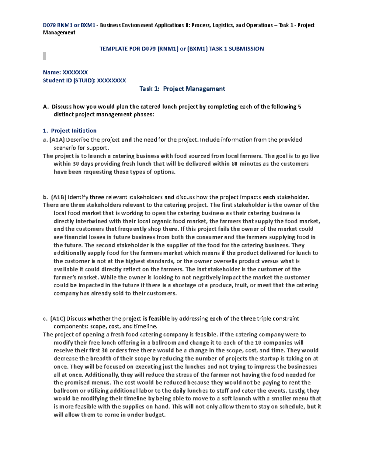 D079 RNM1/BXM1 Task 1: Project Management Strategy for Catering Startup ...