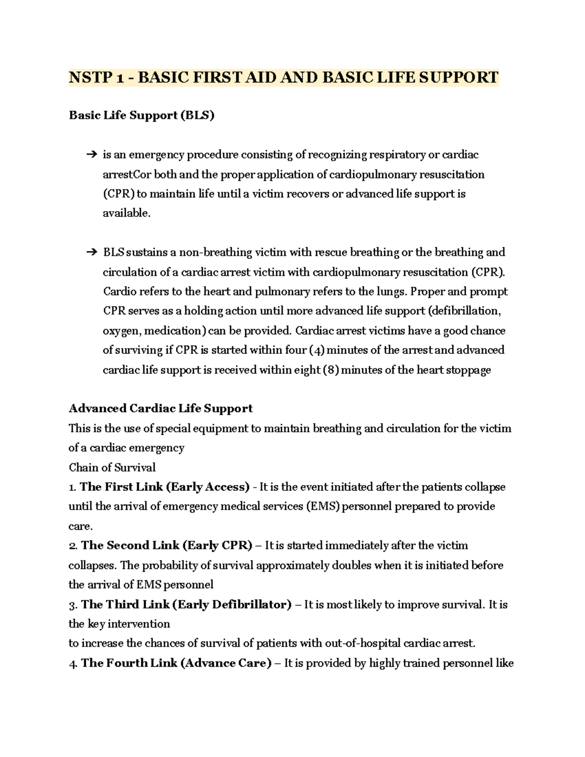 NSTP 1 - Basic First Aid & Life Support Techniques Overview - Studocu