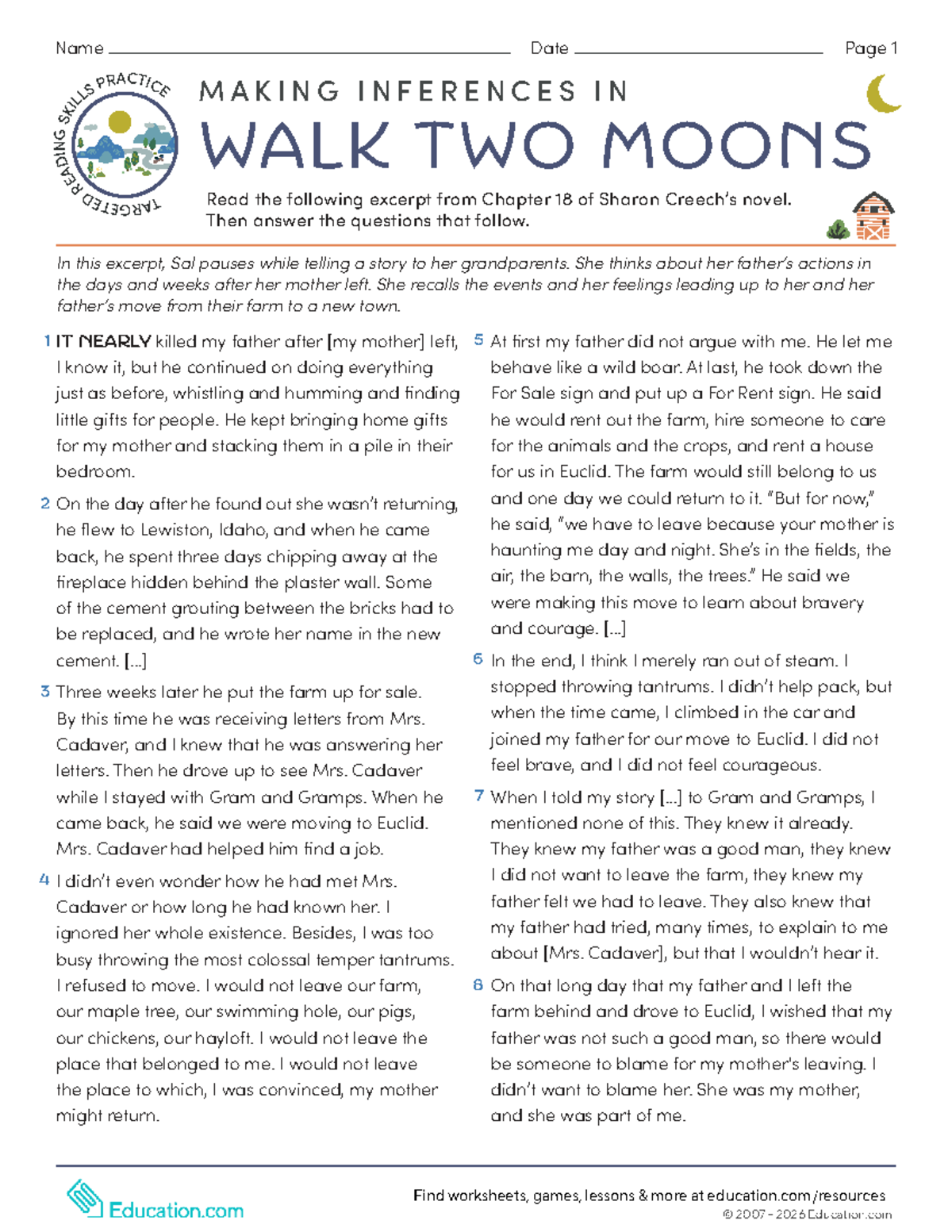 ENG7 - Making Inferences in "Walk Two Moons" - Practice Worksheet - Studocu