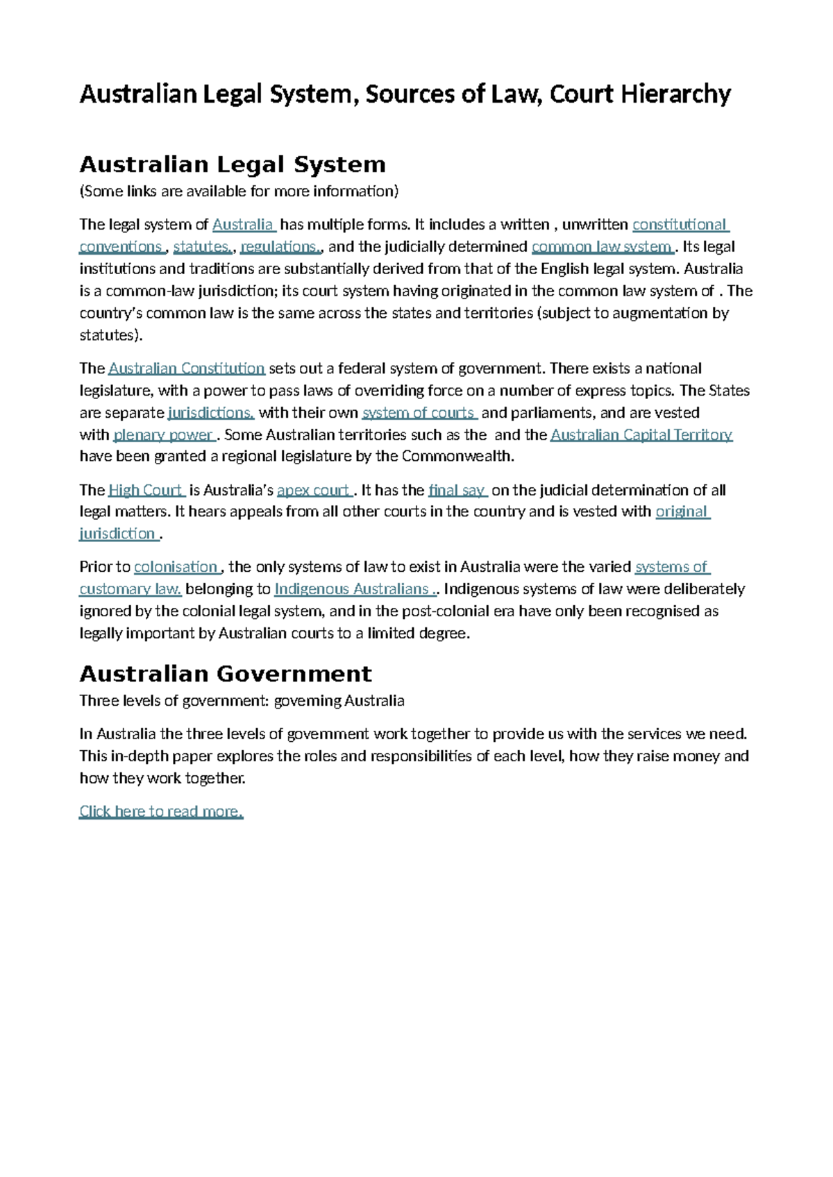 Reading on Australian Legal System: Sources of Law & Court Hierarchy ...