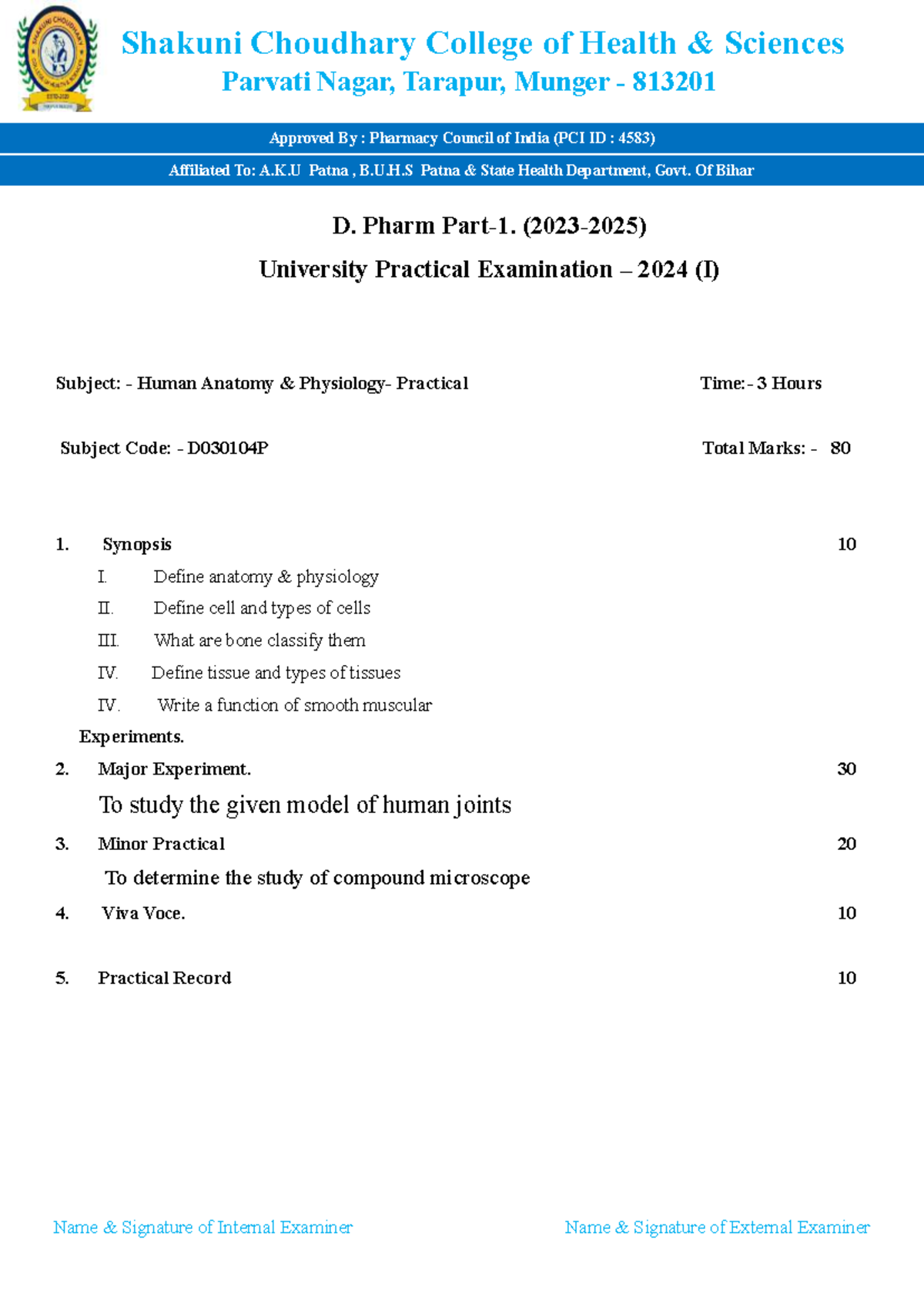 D. Pharm Practical Exam 2024: Human Anatomy & Physiology - Studocu