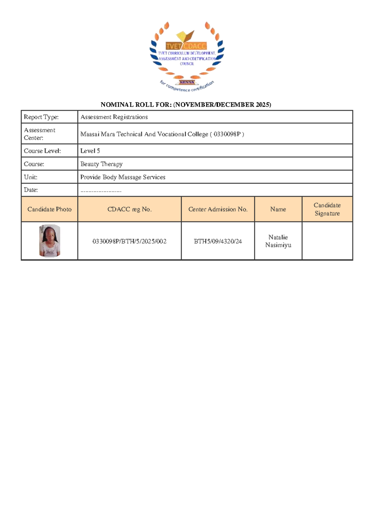 Nominal Roll for Beauty Therapy Level 5 Assessments (0330098P) - Studocu