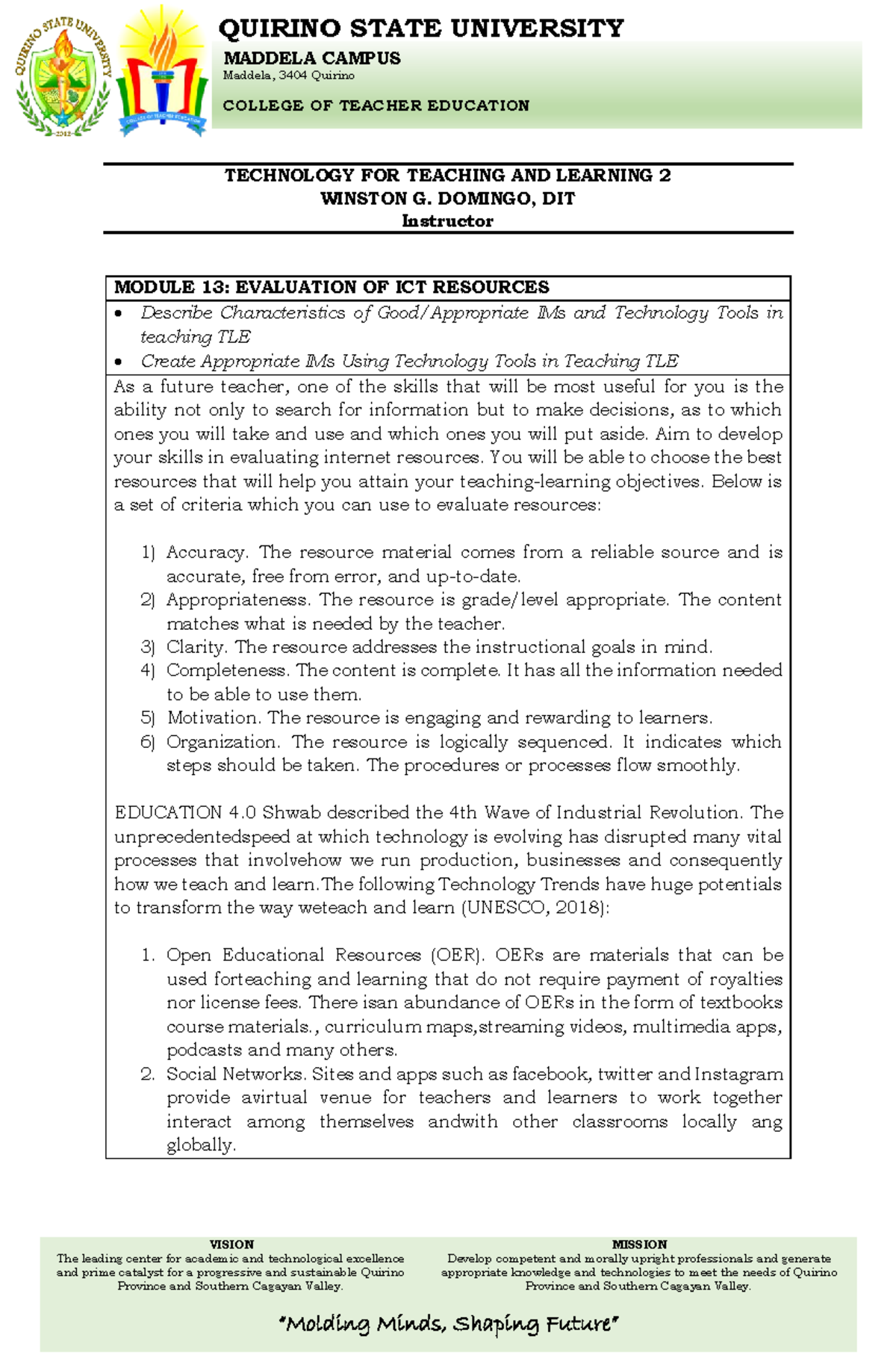 Module-13-15 - modules - TECHNOLOGY FOR TEACHING AND LEARNING 2 WINSTON ...