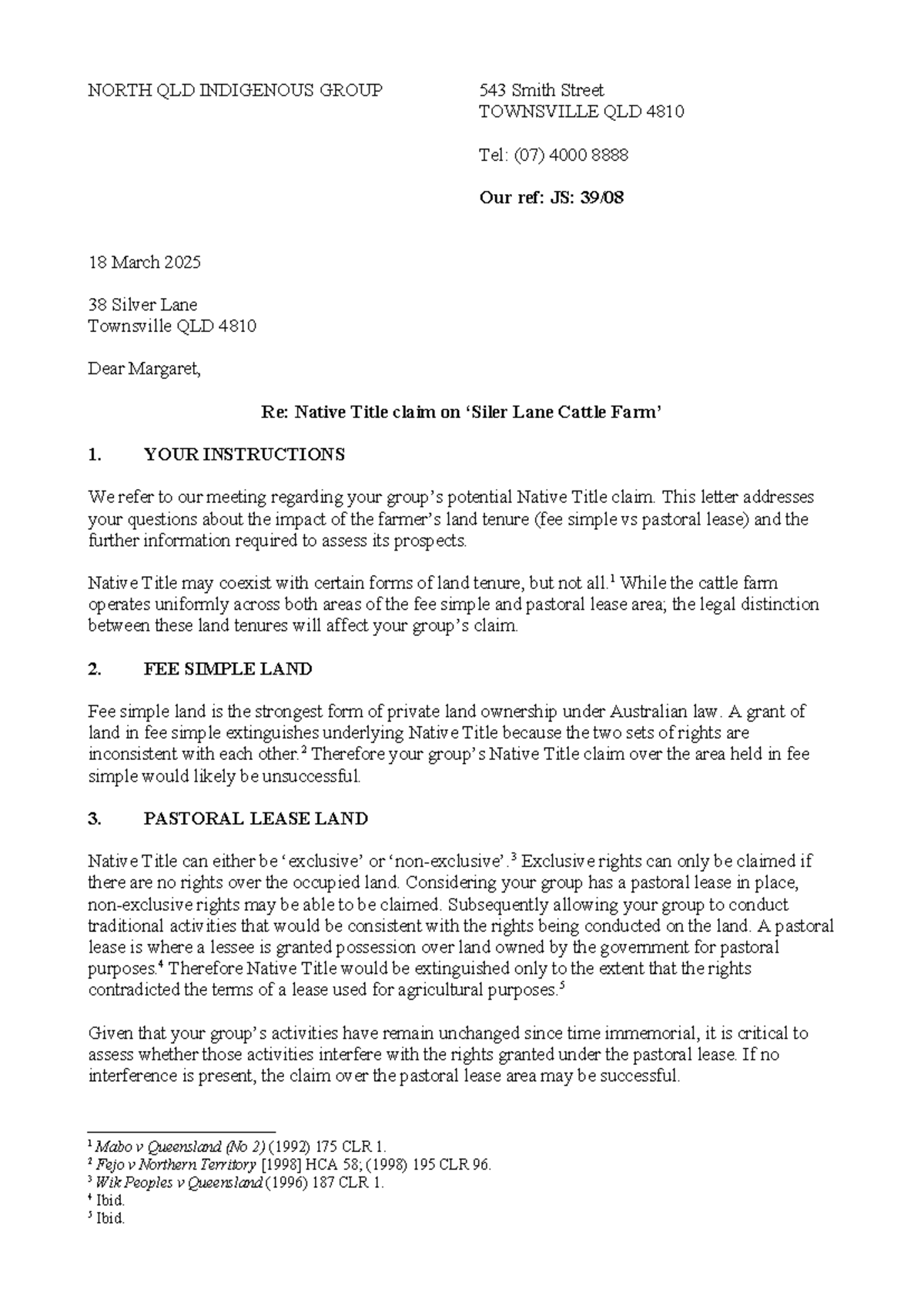 LLB 301 - Native Title Claim Analysis: Fee Simple vs Pastoral Lease ...