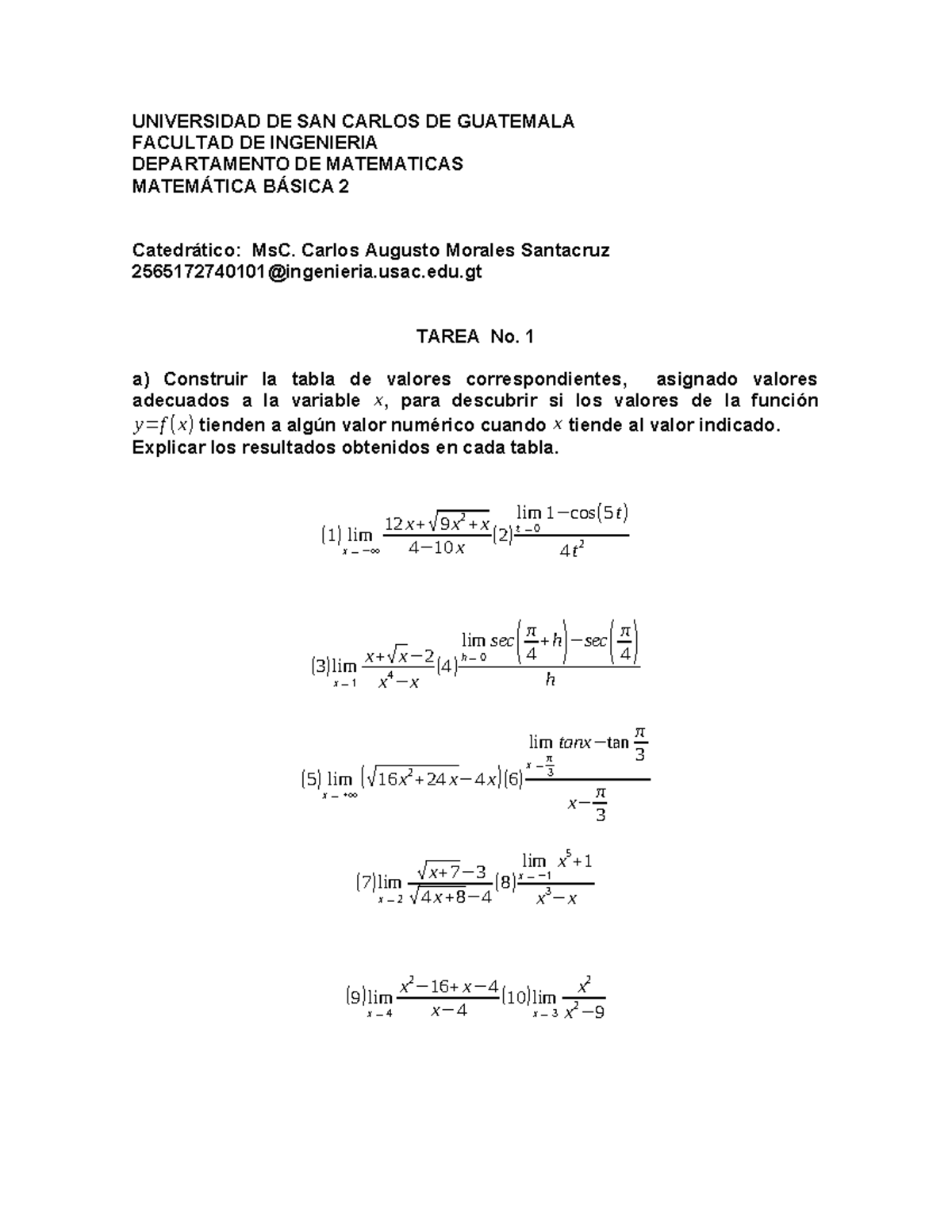 A) Tarea No. 1 (estudio numérico y gráfico de límites) - UNIVERSIDAD DE ...