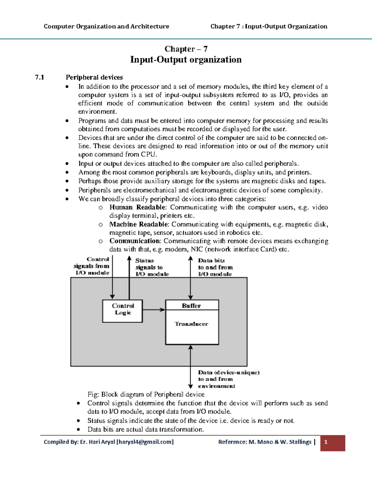 Computer Organization and Architecture (COA) Chapter 7: Peripheral Devices and - Studocu