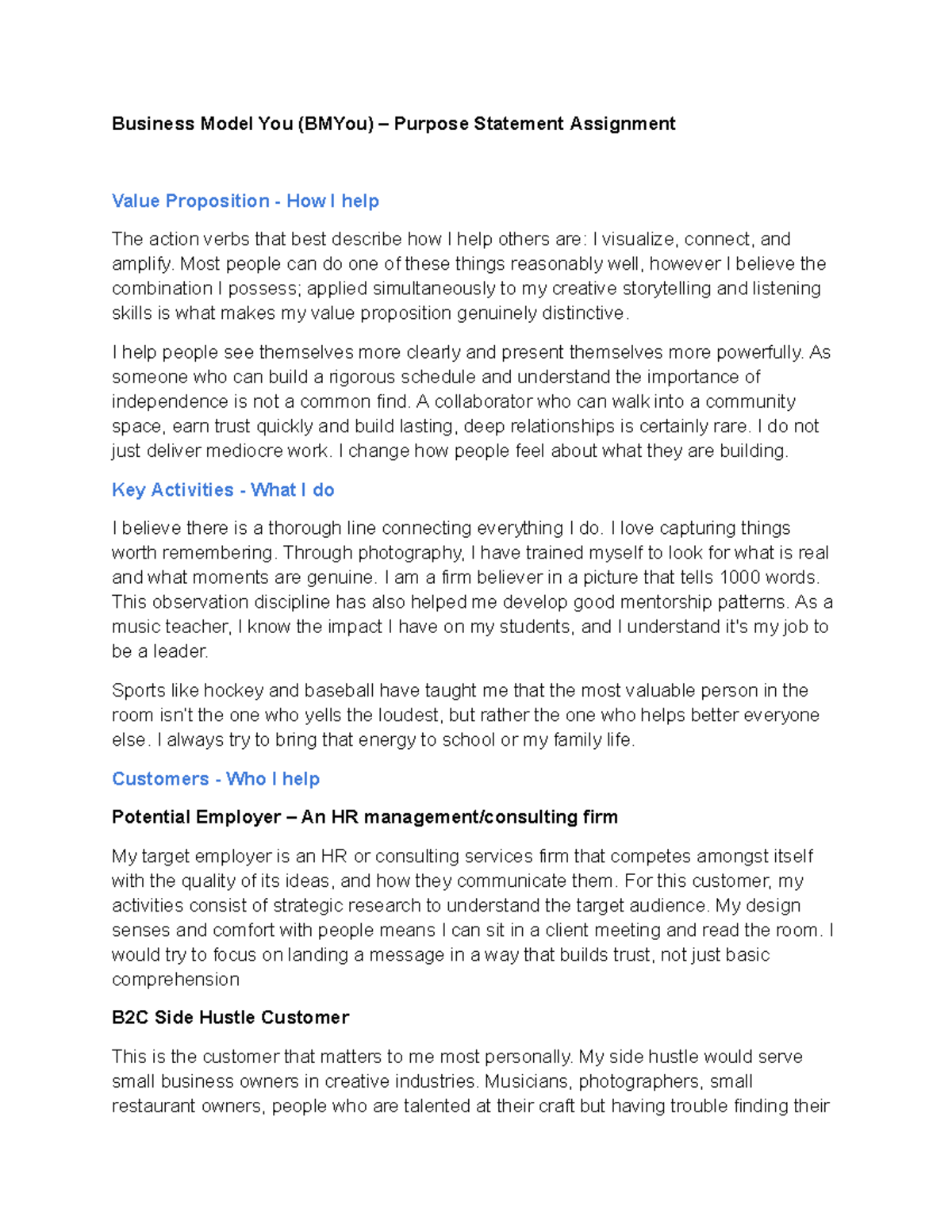 BMYou Purpose Statement: Crafting My Unique Value Proposition - Studocu