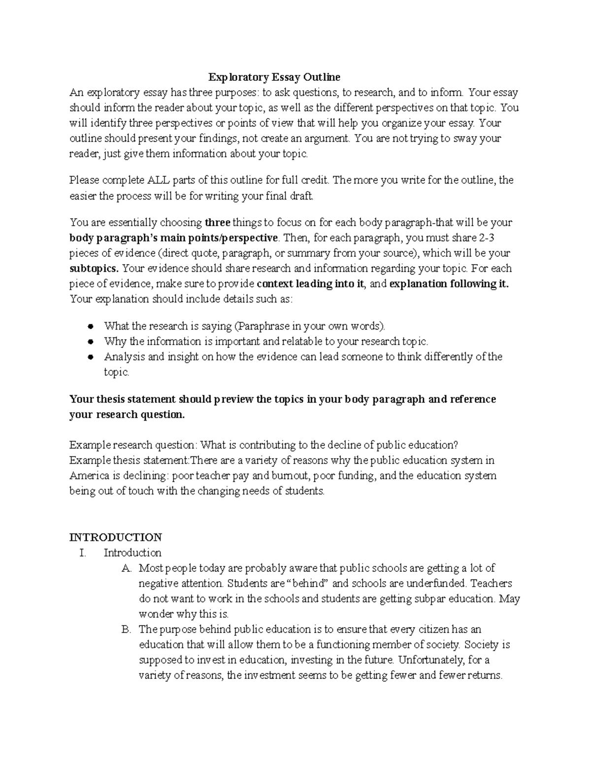 Example Outline Exploratory Essay - Exploratory Essay Outline An ...