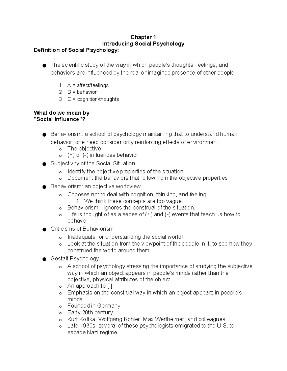 PSY 101: Chapter 1 - Introduction to Social Psychology and Behavior - Studocu