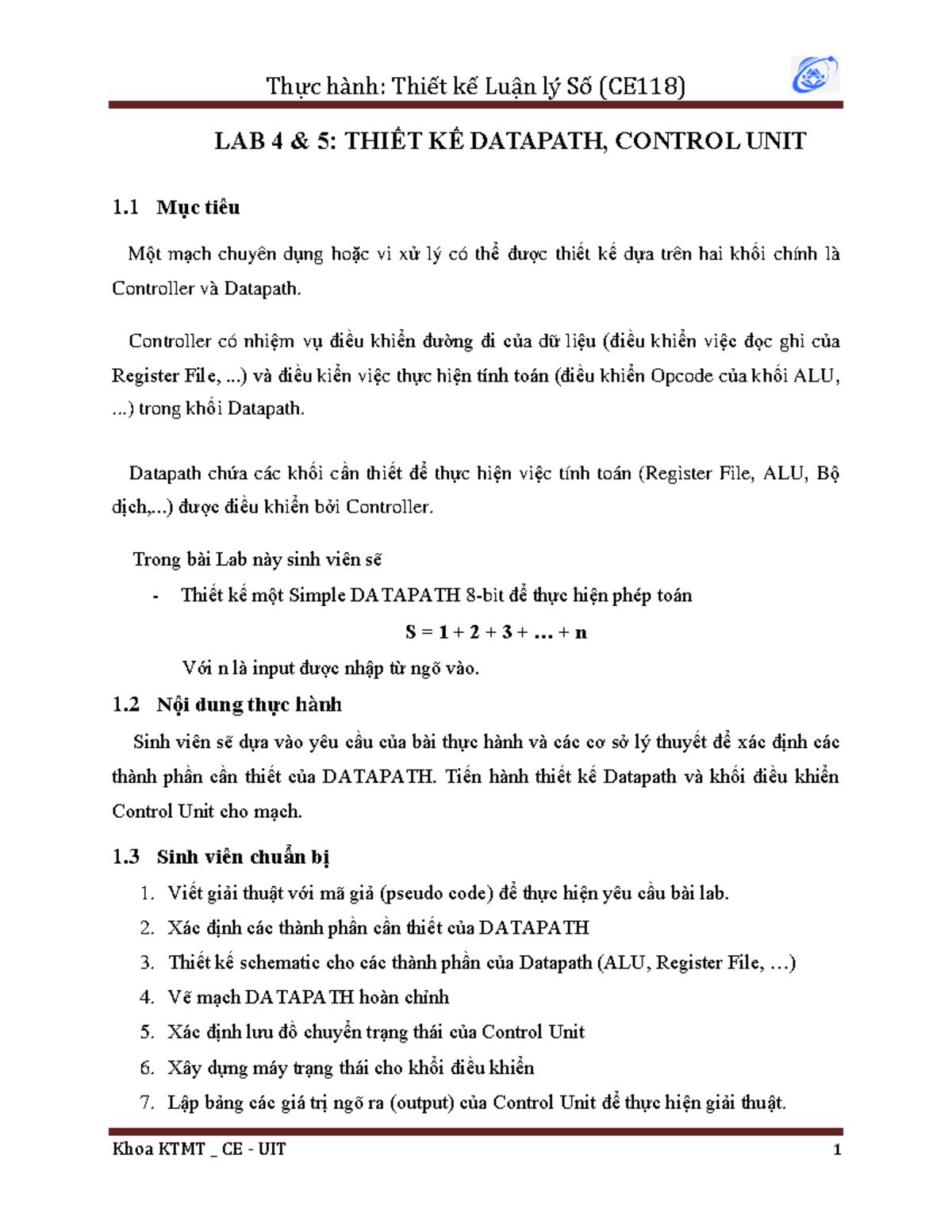Lab 4 & 5: Thiết kế Datapath và Control Unit trong Logic Số (CE118) - Studocu
