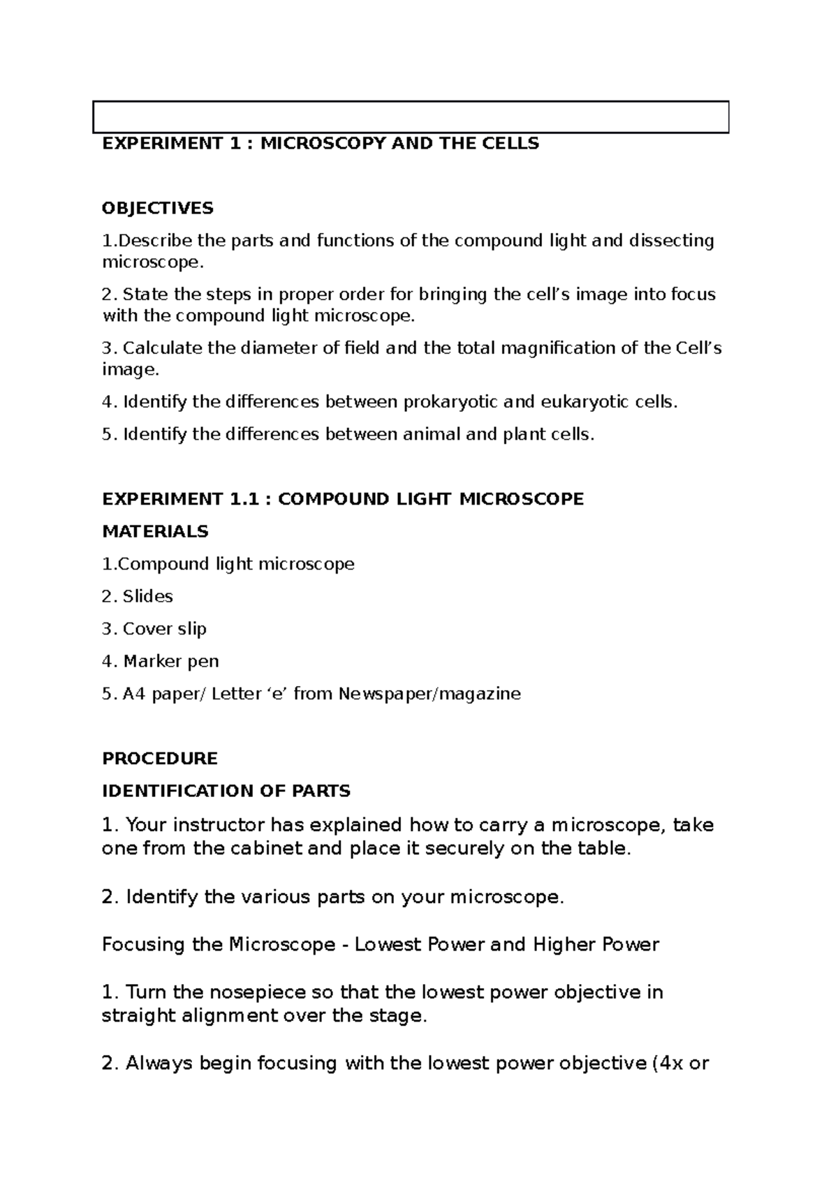 Experiment 1 BIO122 - EXPERIMENT 1 : MICROSCOPY AND THE CELLS ...