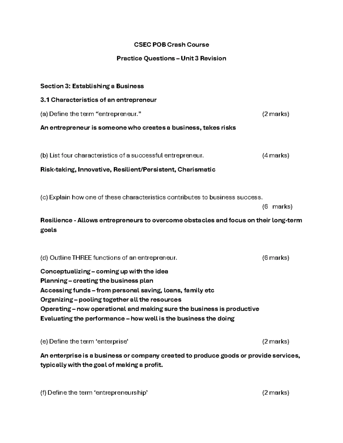 CSEC POB Crash Course - Revision Analysis for Unit 2 Concepts - Studocu