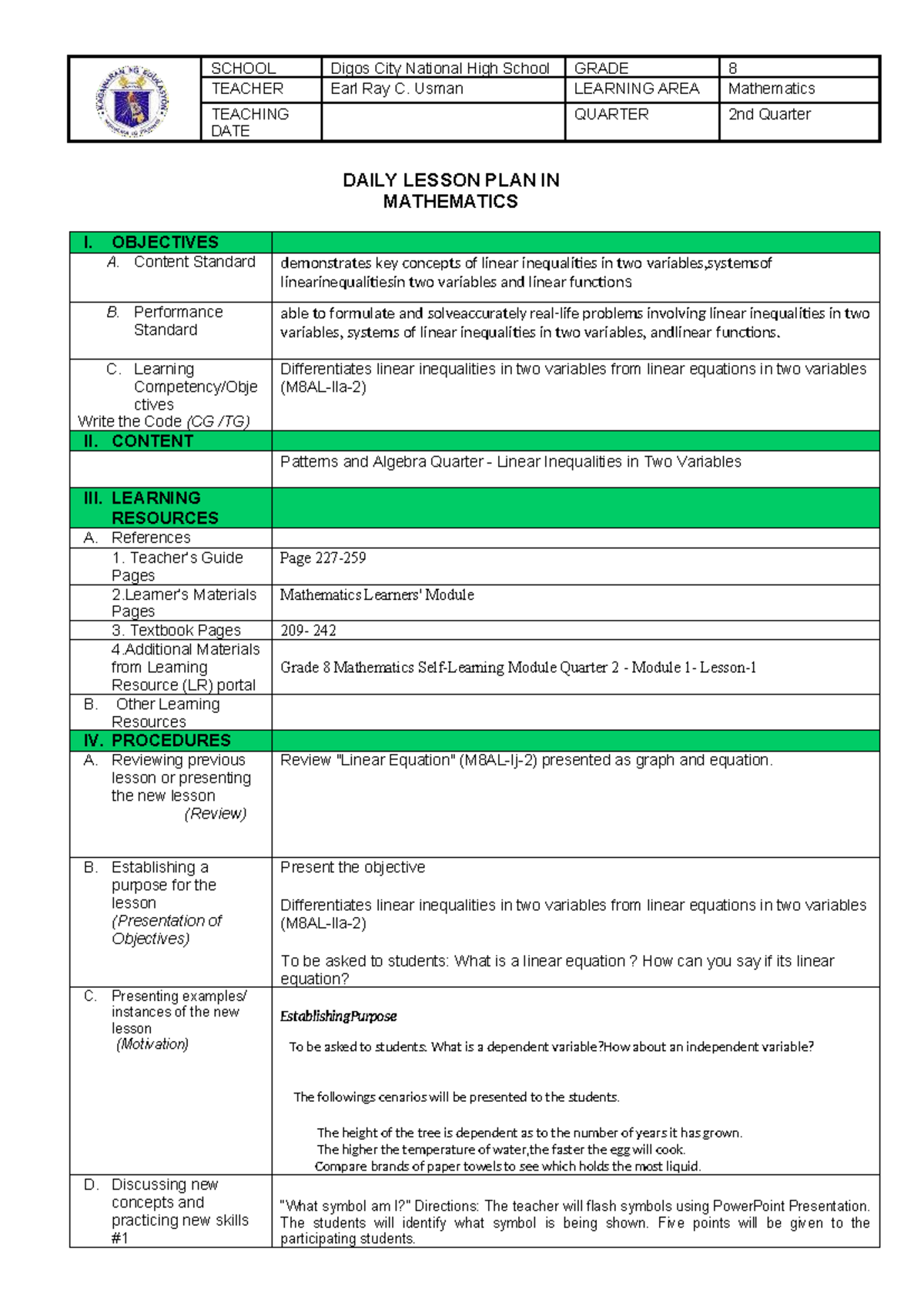 Math-LP - math lp - SCHOOL Digos City National High School GRADE 8 ...