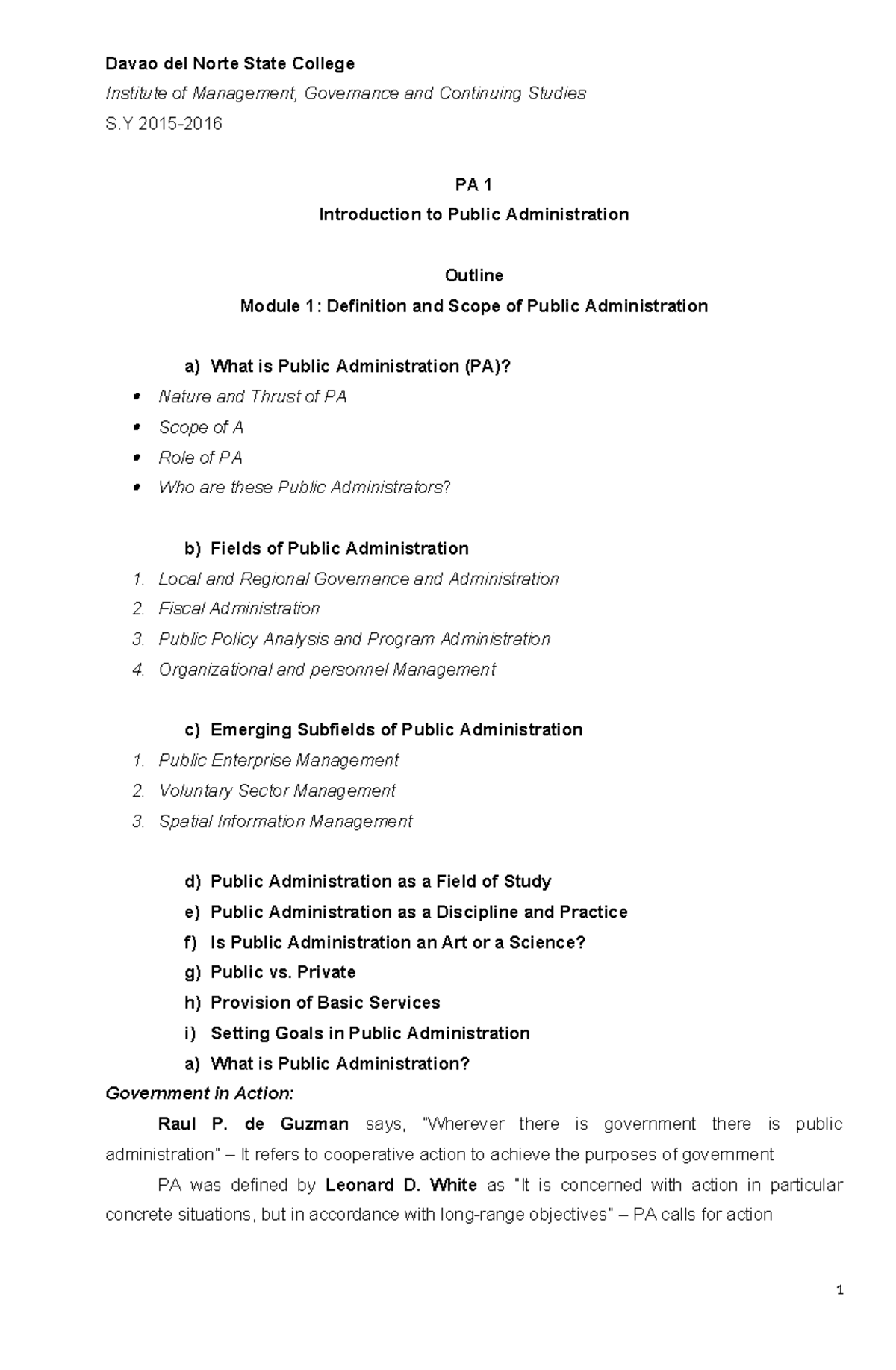 PA 1 - Module 1: Introduction to Public Administration Outline - Studocu