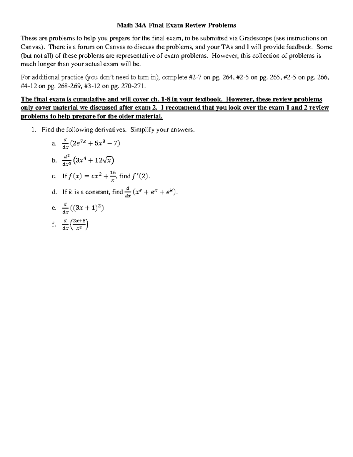 Math 34A Final Exam Review Problems and Solutions - Studocu