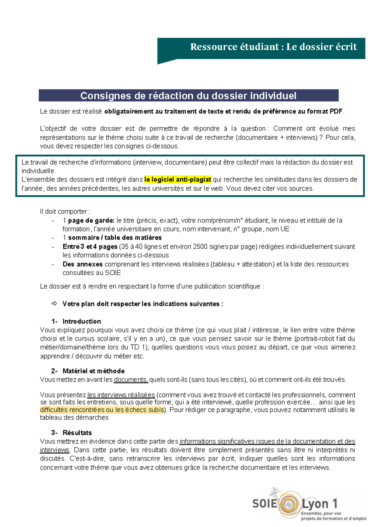 Consignes de Rédaction pour le Dossier Individuel - Écrit - Studocu