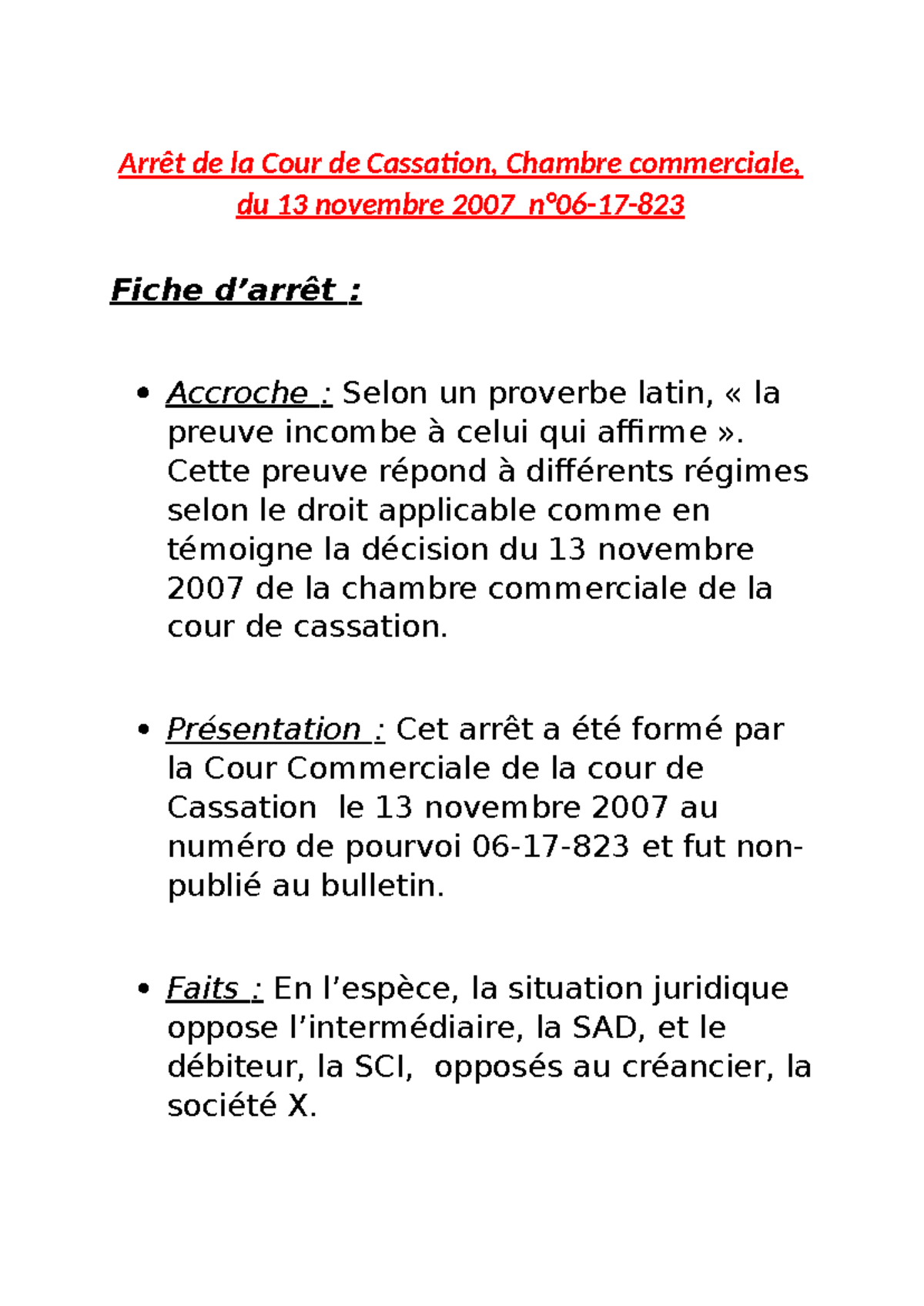 Arrêt de la Cour de Cassation, Chambre Commerciale, 13 Nov 2007 - Studocu
