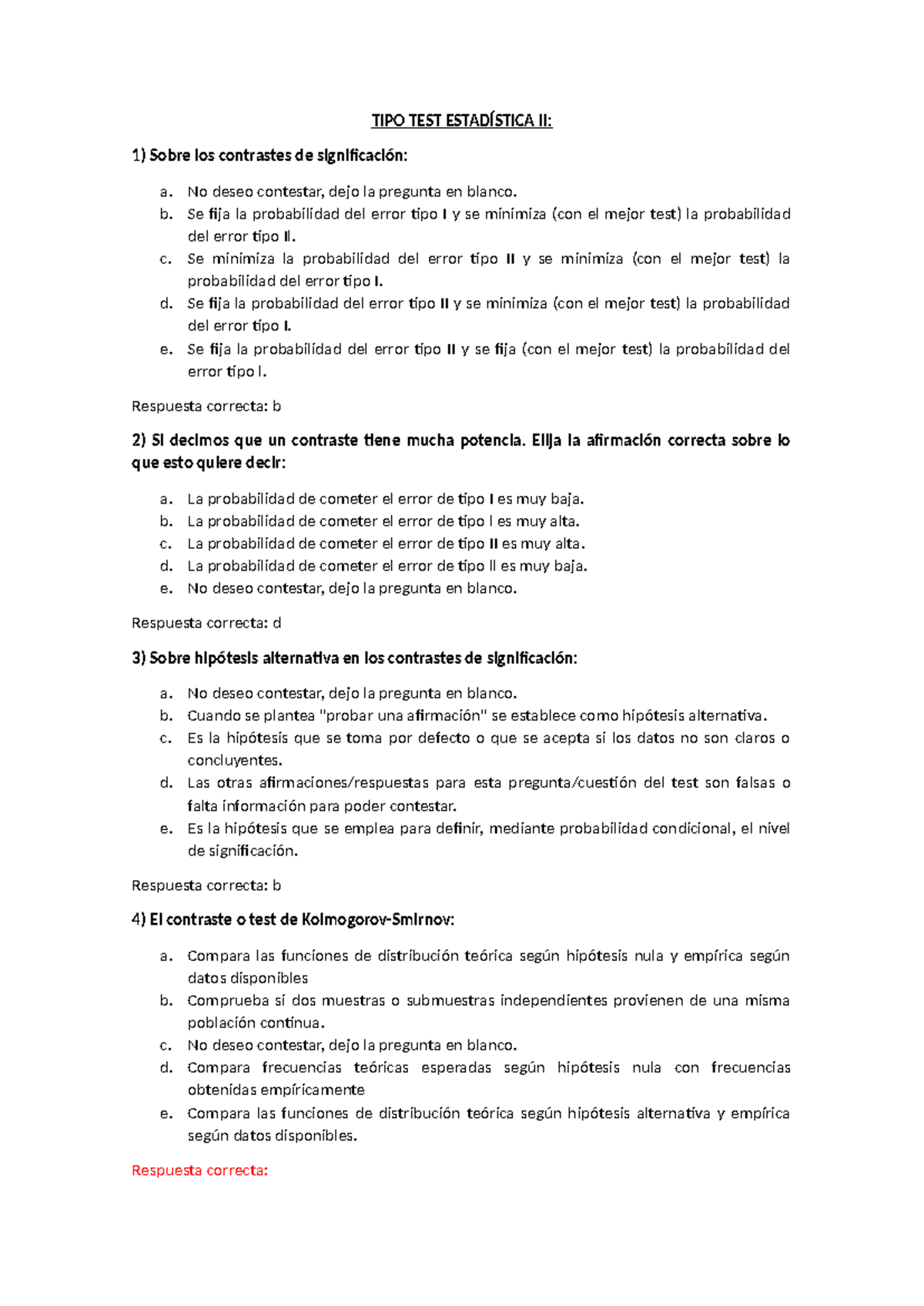 TIPO TEST ESTADÍSTICA II: Contrastes de Significación y Respuestas ...