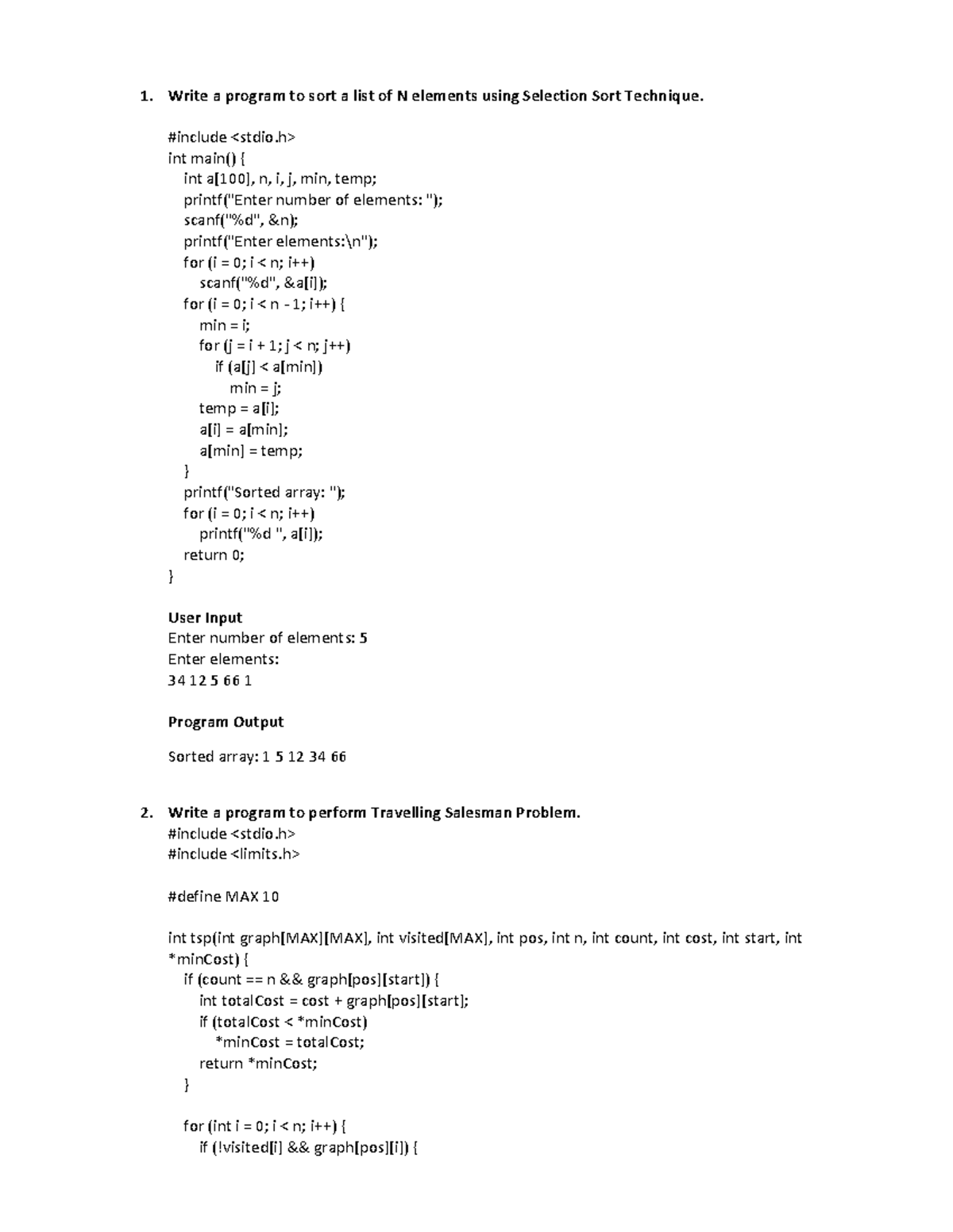 Practical Programs for Algorithms: Selection Sort, TSP, Knapsack, DFS ...