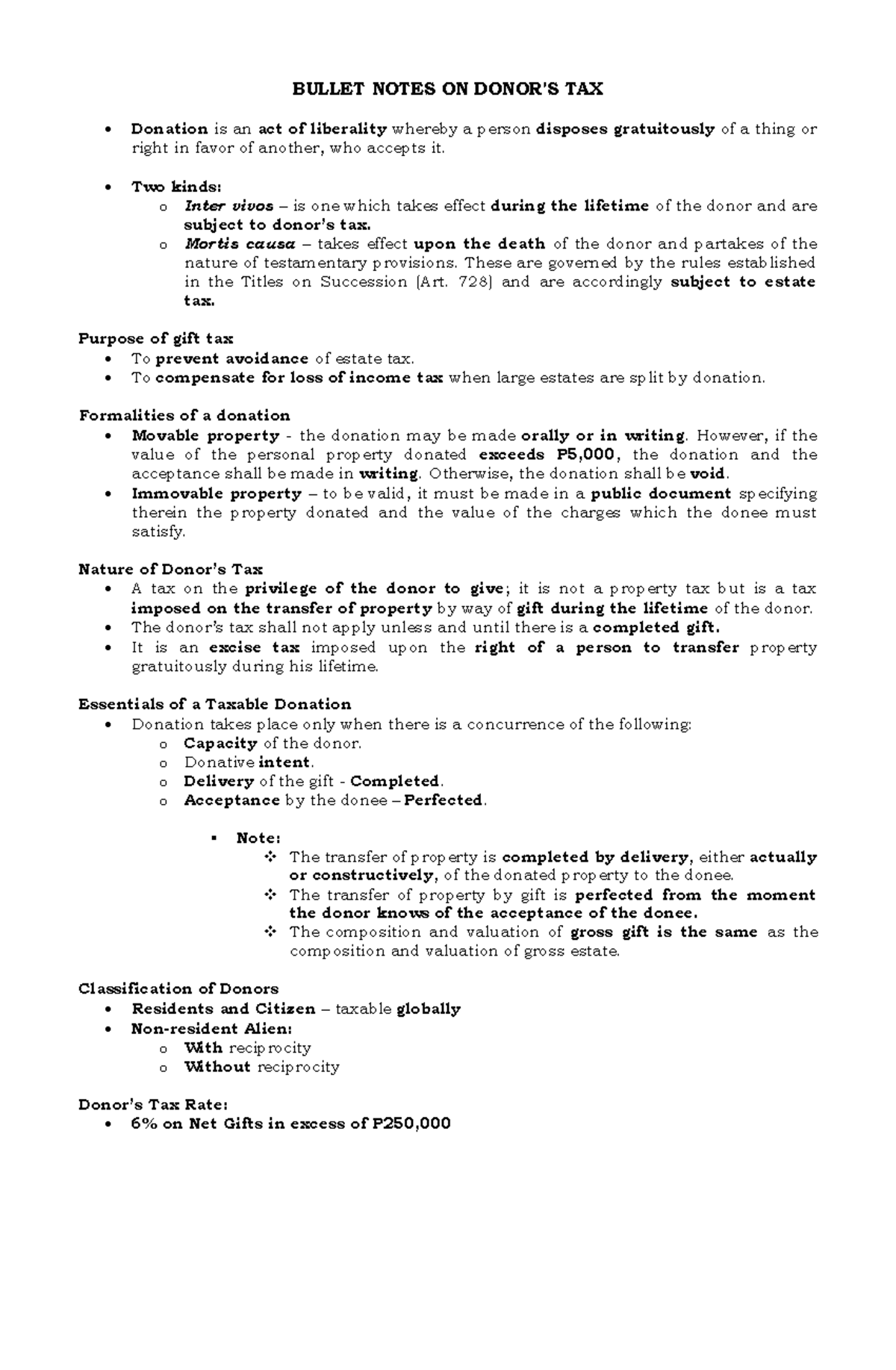 BULLET NOTES ON DONORS TAX (TAX 101) - Key Concepts & Guidelines - Studocu