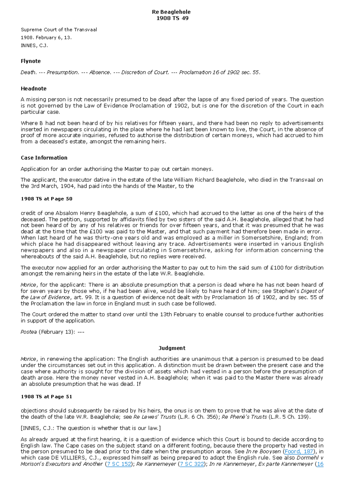 Re Beaglehole 1908 TS 49: Court Discretion on Presumption of Death ...