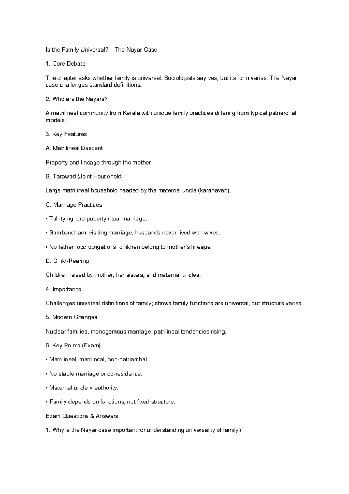 Nayar Family Notes: Examining Universal Family Structures - Studocu