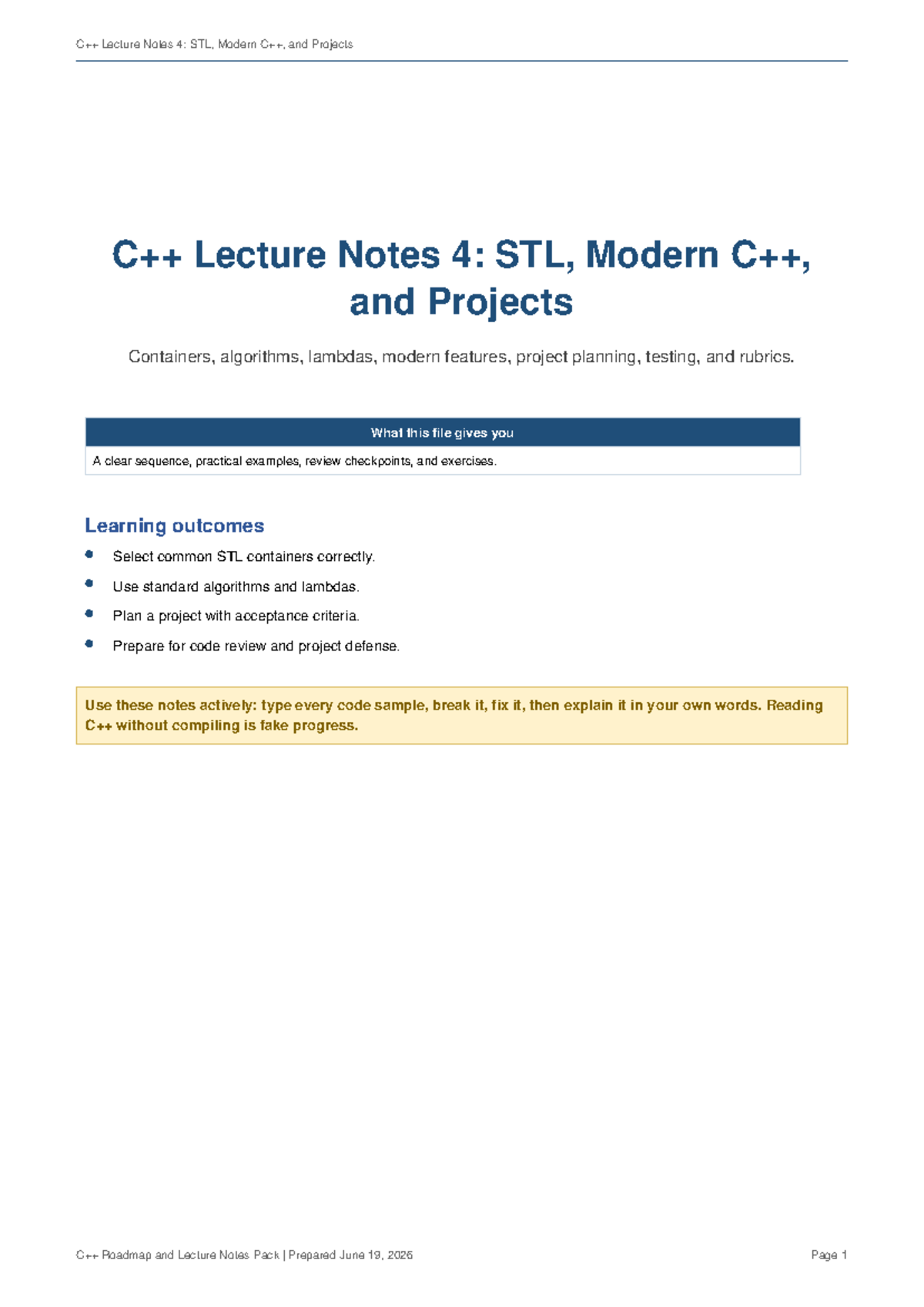 Lecture Notes 4: STL, Modern Features & Project Planning - Studocu