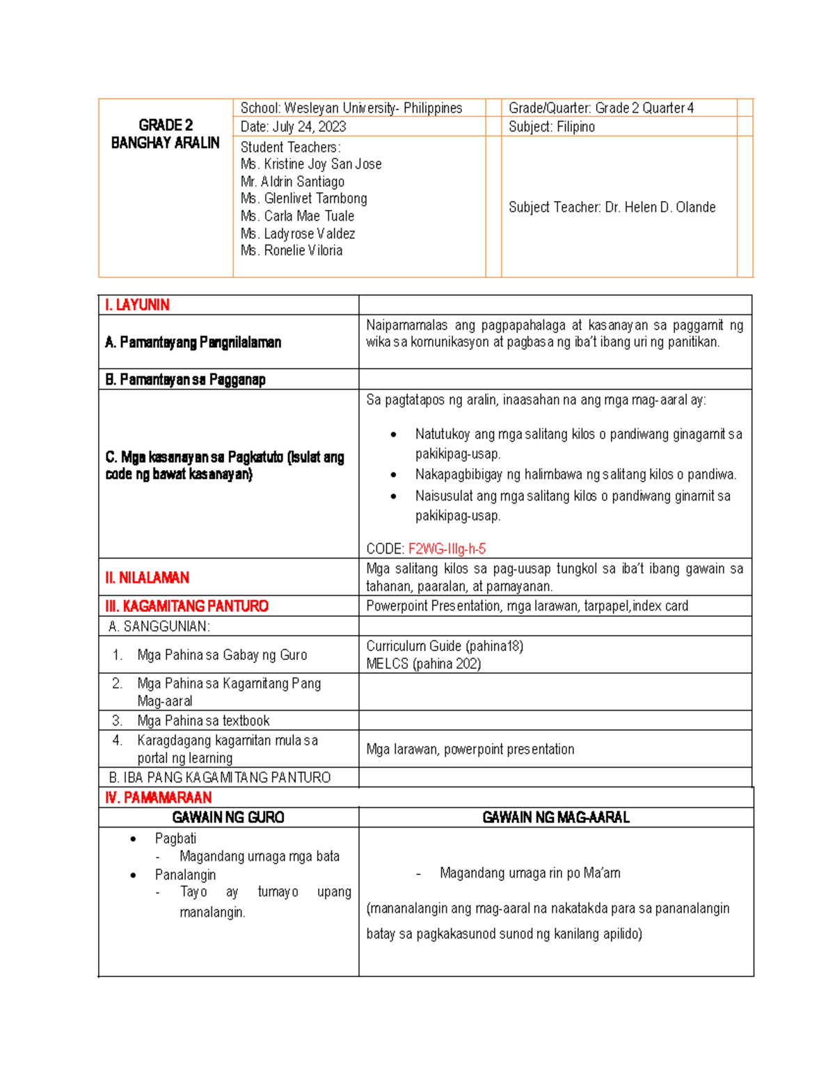 691094123 Pandiwa Lesson Plan for Grade 2 - Quarter 4 - Studocu