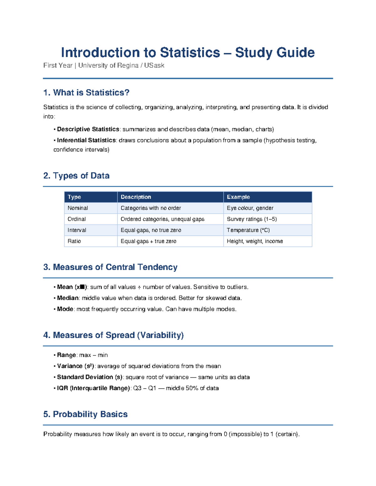 Statistics Study Guide: Introduction to Stats for USask First Year ...