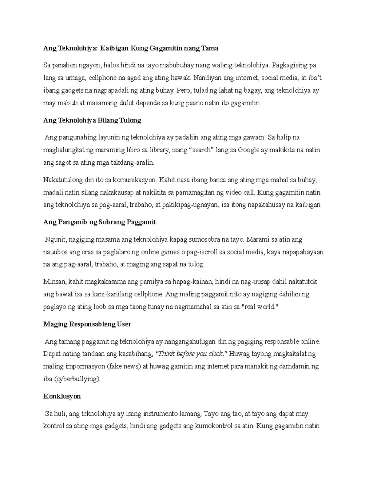 Ang Teknolohiya: Kaibigan o Kaaway? Paano Gamitin ng Tama - Studocu