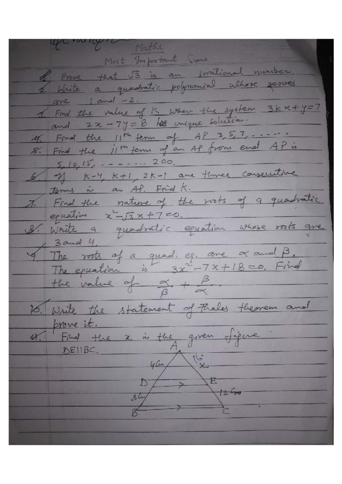 Class 10 Maths Important Questions and Solutions - Studocu