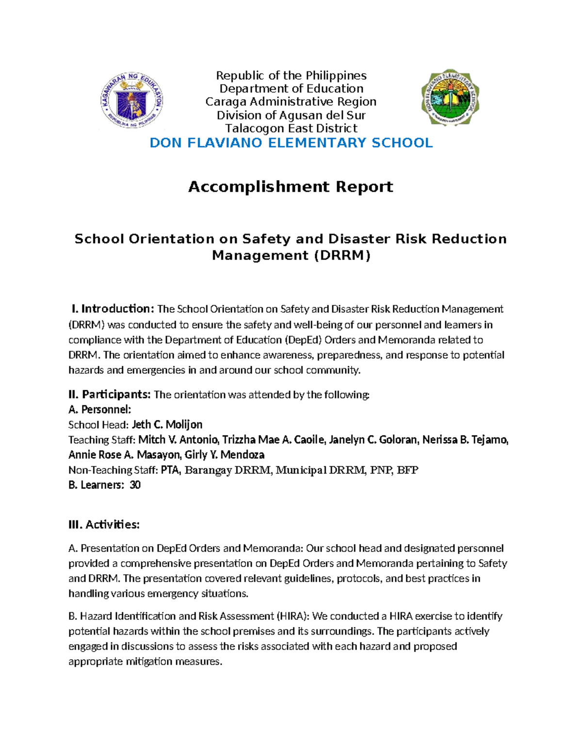 DRRM Accomplishment Report: School Orientation on Safety & Preparedness ...