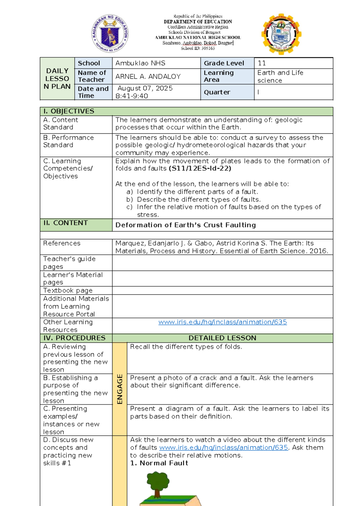 Lesson Plan: Types of Faults in Earth and Life Science (Grade 11) - Studocu