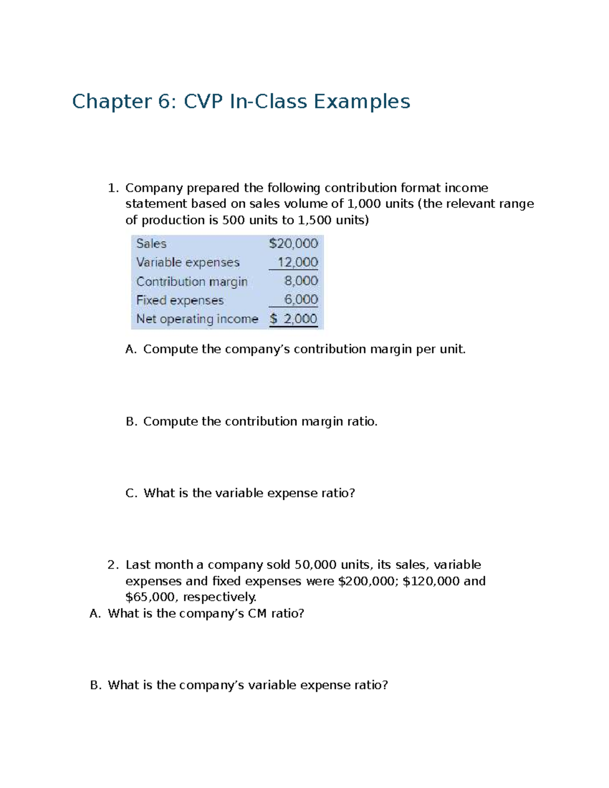 CH 6: CVP Analysis In-Class Examples and Calculations - Studocu